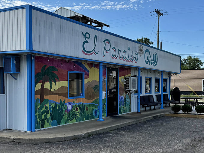 A splash of tropical color greets visitors to El Paraiso, where the vibrant mural promises authentic Mexican flavors inside this unassuming South Haven gem.