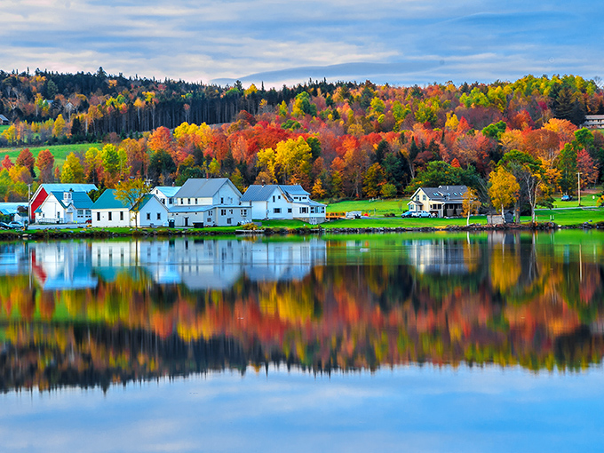 Vermont's autumn masterpiece: white cottages reflecting in Lake Elmore's mirror-like waters beneath a blazing forest canvas.