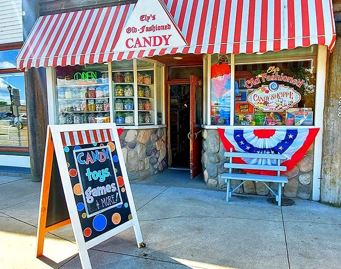The iconic red and white striped awning of Ely's Old-Fashioned Candy Shop invites passersby into a world where sweetness reigns supreme.
