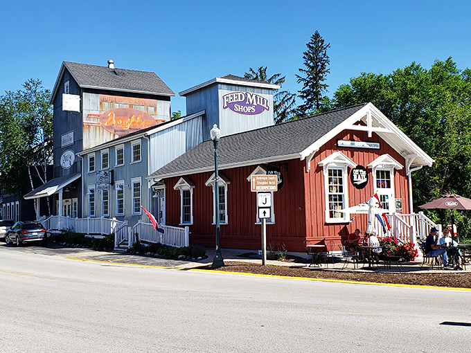 The charming exterior of Off The Rail Caf&eacute; beckons with its vintage feed mill character and welcoming red fa&ccedil;ade.