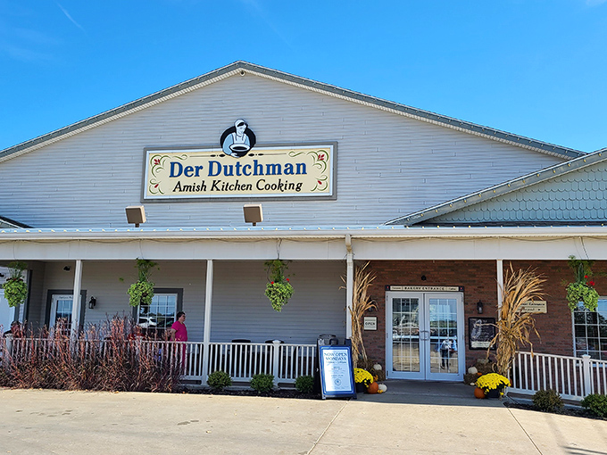 Welcome to comfort food paradise! Der Dutchman's inviting exterior promises Amish cooking that'll make your taste buds dance with joy.
