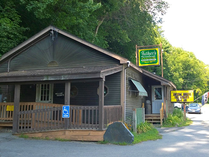 A woodland welcome: Father's Restaurant's humble exterior nestled among Vermont greenery promises authentic dining without pretension.