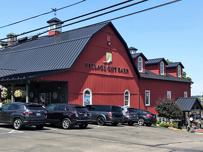 The iconic red barn exterior stands proudly against the Ohio sky, promising treasures within its walls.