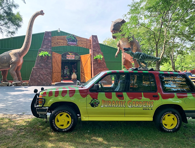 Welcome to prehistoric paradise! The entrance to Jurassic Gardens features towering dinosaur sentinels that set the stage for adventure.