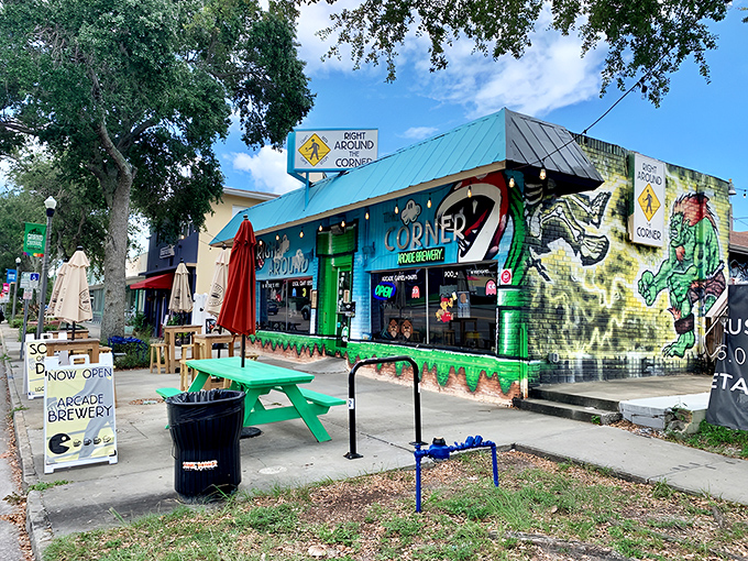 The vibrant blue exterior of Right Around the Corner beckons gamers and beer lovers alike with its playful pedestrian crossing sign logo.