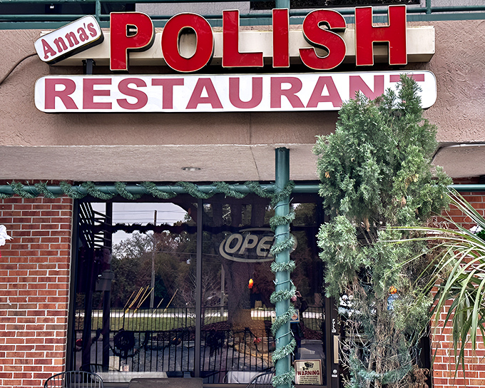 Anna's bold red signage promises authentic Polish flavors, standing like a culinary lighthouse beckoning hungry travelers to its doorstep.