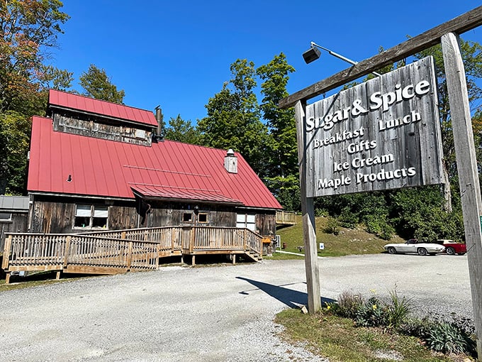 The rustic red-roofed cabin of Sugar & Spice stands like a delicious mirage along Route 4, promising maple-drenched delights within.