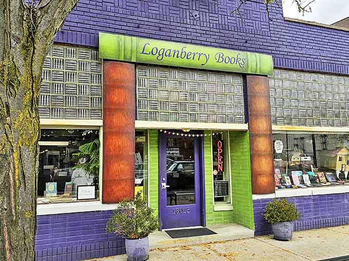 The vibrant purple and green exterior of Loganberry Books stands out like a literary beacon on Larchmere Boulevard, inviting bibliophiles to step into another world.