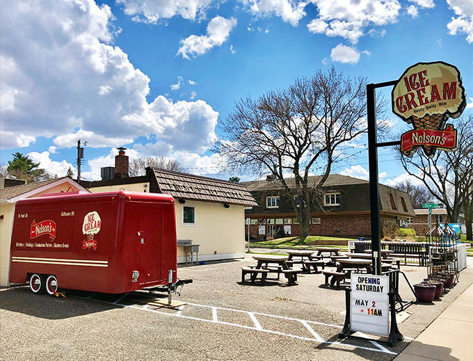 Nelson's iconic storefront welcomes ice cream pilgrims with its vintage sign and promise of cold, creamy bliss ahead.