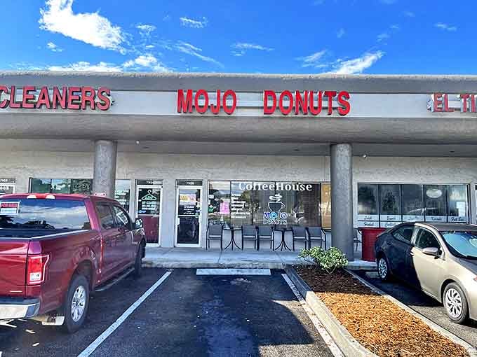 Nestled between a cleaner and another shop, Mojo Donuts' unassuming strip mall location hides culinary treasures that would make any food detective proud.
