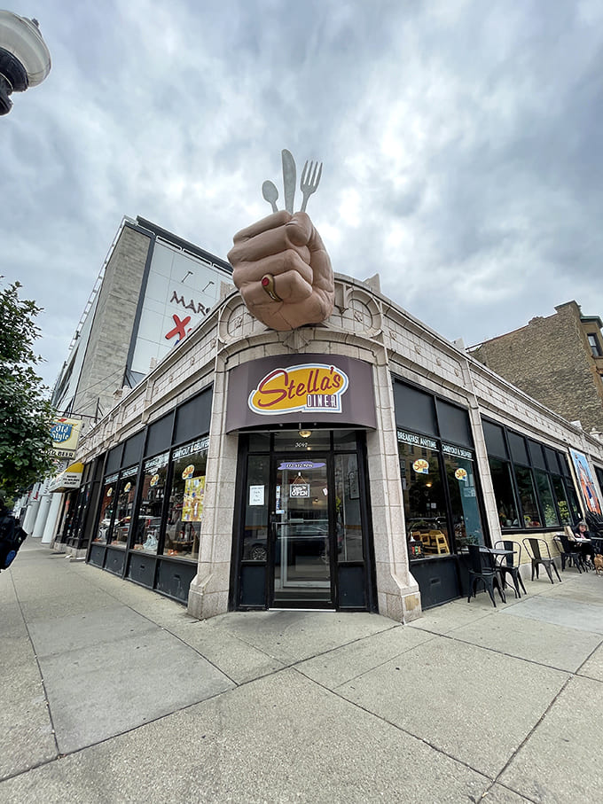 Exterior: That giant hand clutching silverware isn't subtle, but neither are the flavors waiting inside Stella's corner location in Chicago's Lakeview neighborhood.