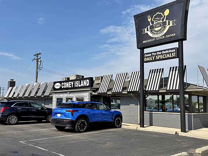 Tim's Coney Island exterior beckons with its classic diner charm, hiding Greek treasures behind that unassuming brick fa&ccedil;ade.