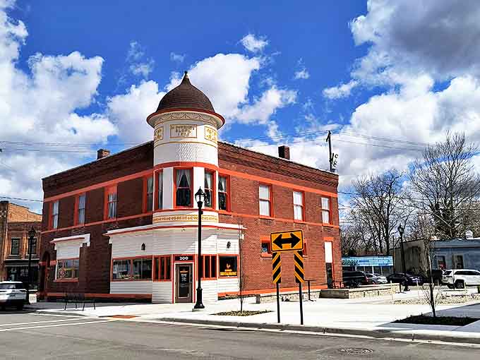 That turreted corner entrance isn't just architectural flair, it's a downtown Allegan landmark that draws hungry travelers from blocks away.