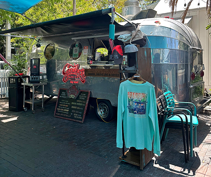 Garbo's Grill: A gleaming silver Airstream transformed into culinary heaven, where Key West's best street food emerges from a kitchen smaller than most walk-in closets.