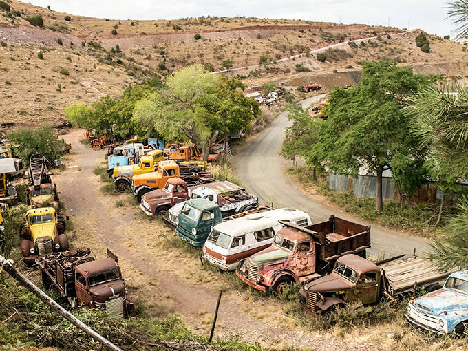 A rusty rainbow of vintage trucks lines the hillside entrance to Gold King Mine & Ghost Town, each vehicle telling its own silent story.