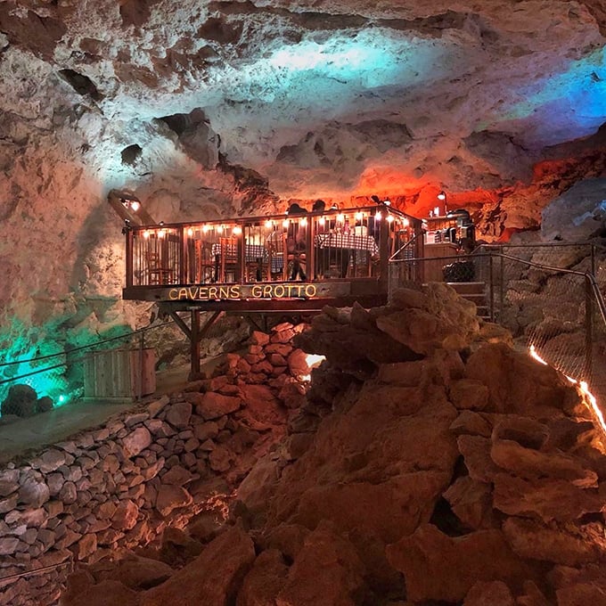 The Caverns Grotto hangs dramatically in midair, like a theater box suspended in Earth's most impressive geological playhouse.