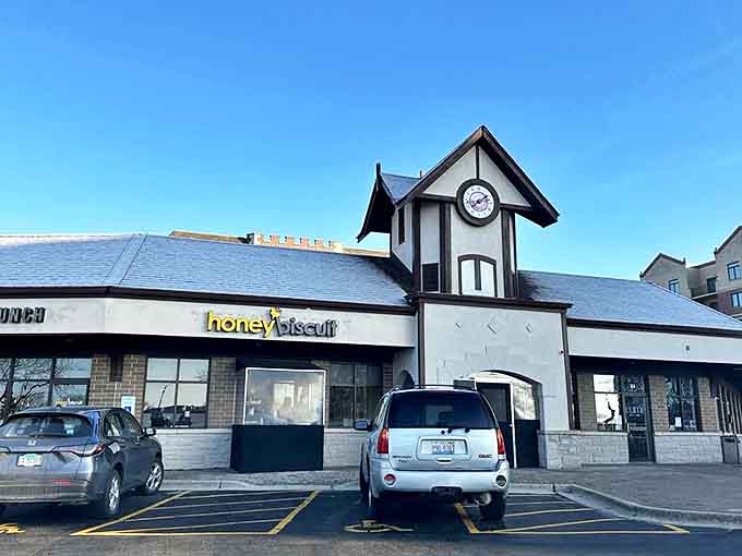 That charming Tudor-style clock tower isn't just for show&mdash;it's marking time until your next cinnamon swirl pancake fix at Honey Biscuit.