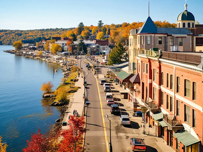 Houghton's waterfront promenade offers a front-row seat to nature's most spectacular show when autumn paints the hillsides in fiery hues.