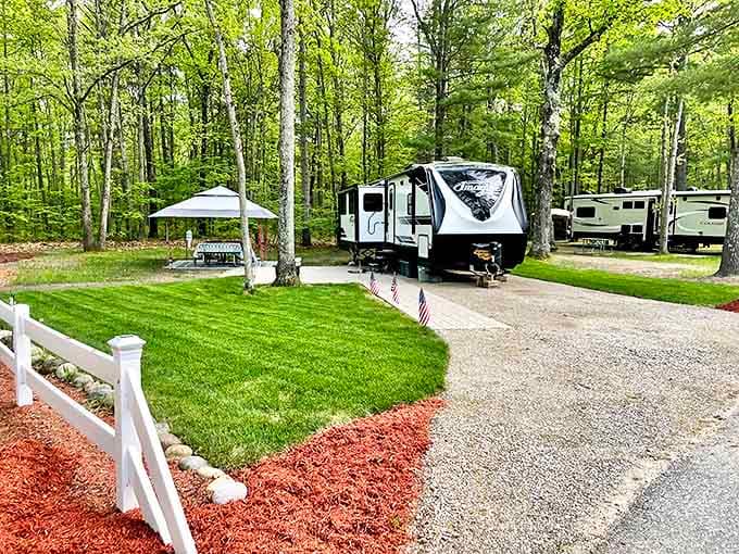 Perfectly manicured campsites nestled among towering Michigan pines – where your RV feels less parked and more embraced by nature's living room.