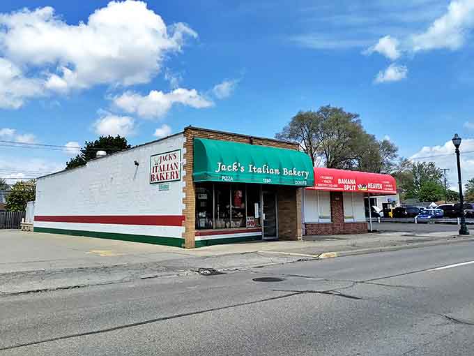 The unassuming exterior of Jack's Italian Bakery hides culinary treasures that locals have cherished for generations. Red, white, and green proudly announce its Italian heritage.