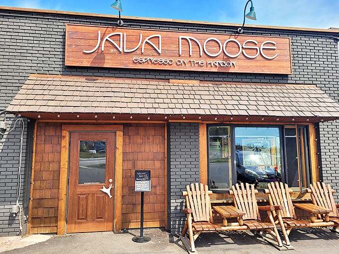 Java Moose's rustic wooden facade welcomes visitors with Adirondack chairs perfect for savoring that first sip while watching Grand Marais wake up.