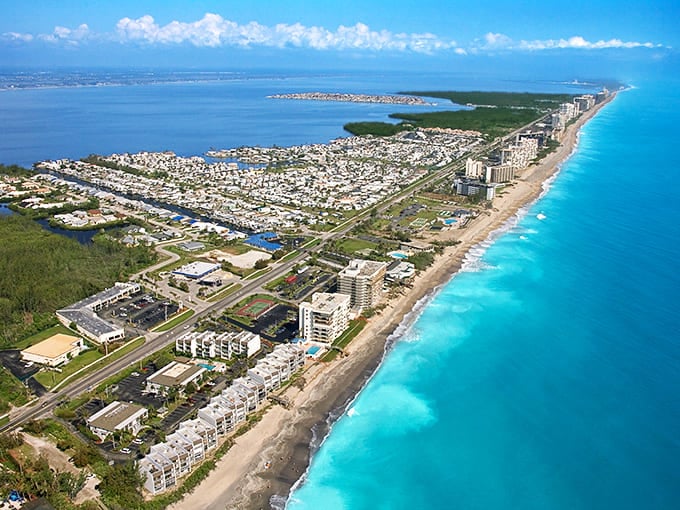 Aerial view of Jensen Beach showcasing that magical meeting point where turquoise Atlantic waters kiss the calmer Indian River Lagoon.