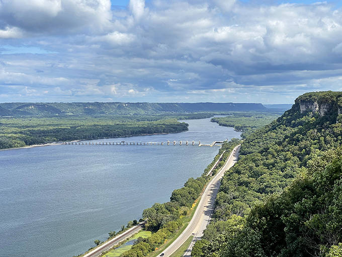Welcome to John A. Latsch State Park, where the Mississippi River unfolds below you like nature's greatest masterpiece. Pure Minnesota magic!
