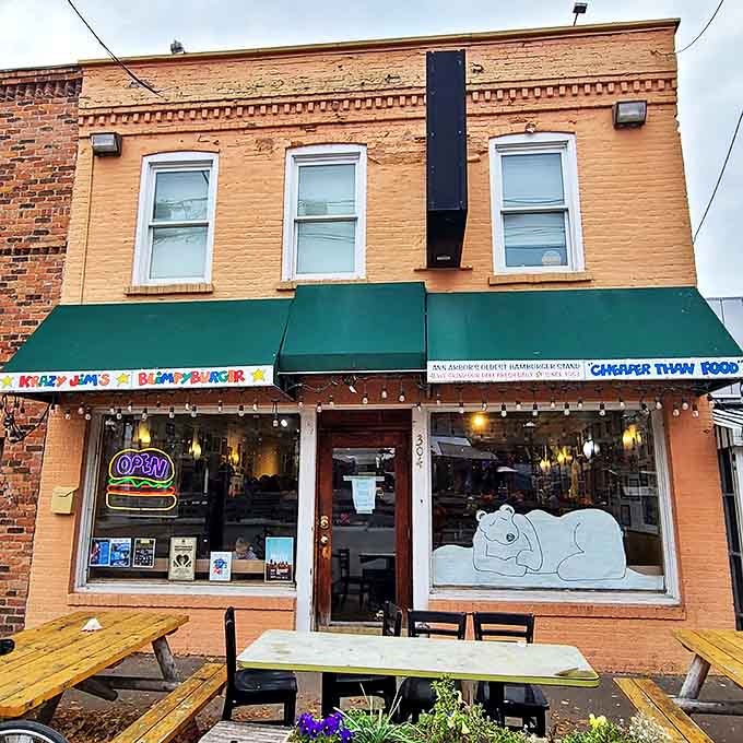 The peach-colored building with green awnings might not scream "burger legend," but locals know this modest facade hides Ann Arbor's most beloved patty paradise.