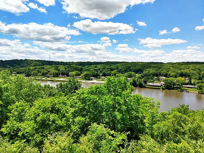 Lowden State Park's panoramic vista showcases the winding Rock River below, nature's masterpiece framed by Illinois' rolling green hills.