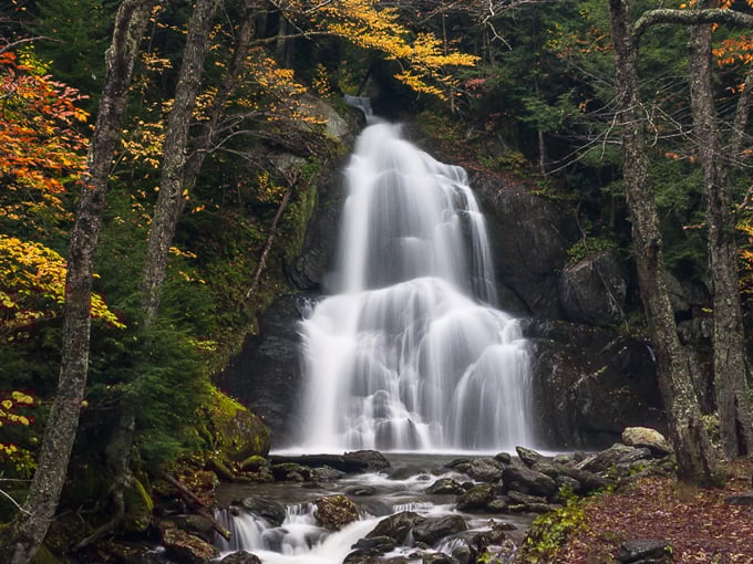 Nature's masterpiece in full glory! Moss Glen Falls cascades 35 feet through Vermont's lush forest like liquid silk.