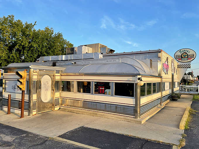 Nancy's gleaming silver exterior stands like a time capsule on Grafton's Main Street, promising comfort food and nostalgia in equal measure.