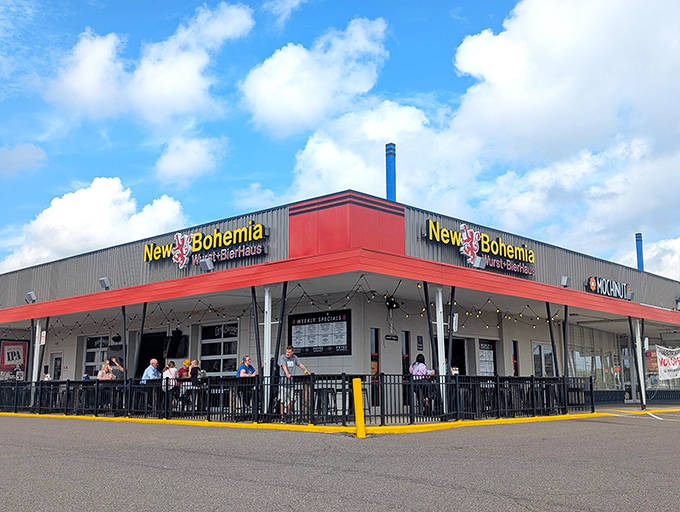 New Bohemia's striking red-trimmed exterior stands like a beacon for pretzel enthusiasts and beer lovers in Golden Valley.