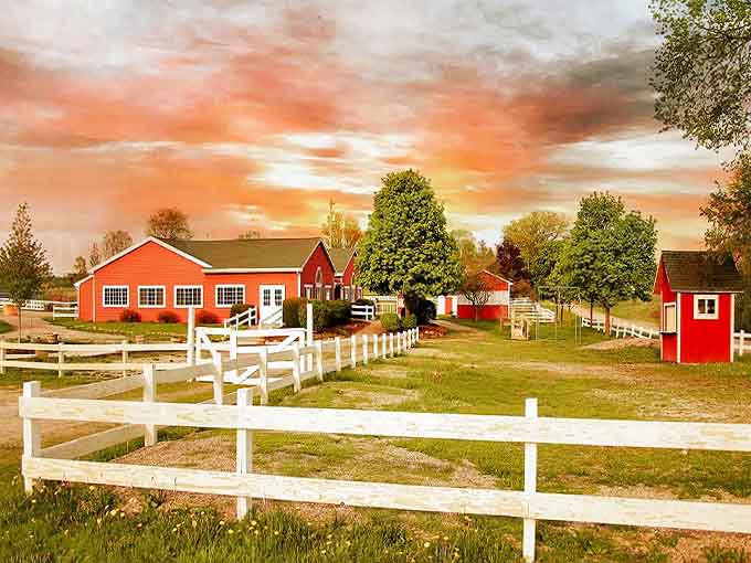 The classic red barns and white picket fences of Plymouth Orchards create that perfect autumn postcard moment as sunset paints the sky in matching hues.