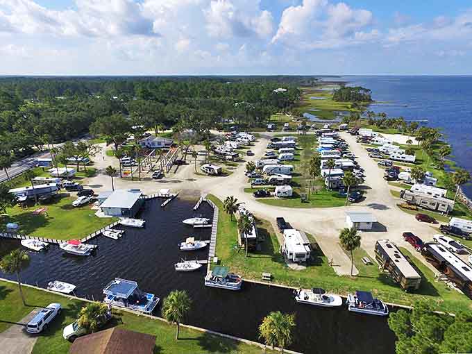 Aerial view of Port St. Joe's marina and coastline &ndash; where boats bob gently and time slows to the rhythm of lapping waves.