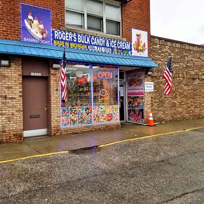 The blue-awninged storefront of Roger's beckons like a sugary oasis, its candy-decorated windows promising sweet adventures within Eastpointe's favorite treat destination.