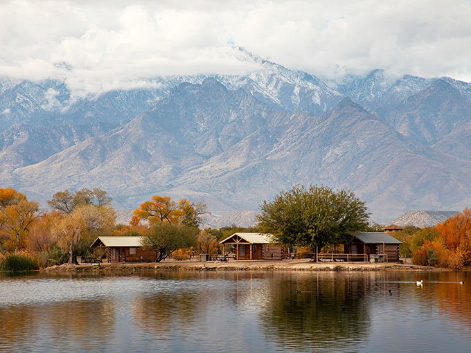 Rustic cabins nestled along Roper Lake's shore mirror perfectly in still waters, with Mount Graham creating a majestic backdrop that screams "desktop wallpaper material."