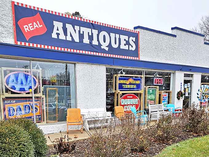 That bold "REAL ANTIQUES" sign isn't kidding around, this is where authentic vintage treasures come to find their next adventure.