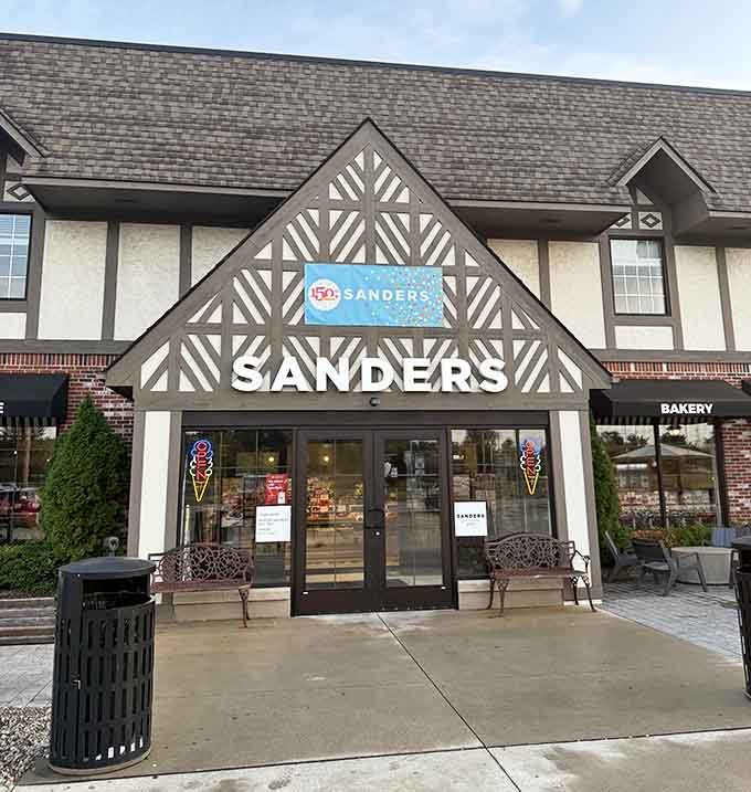 The Tudor-style fa&ccedil;ade of Sanders beckons chocolate lovers with its iconic signage &ndash; a siren call to sweet-toothed Michiganders since 1875.