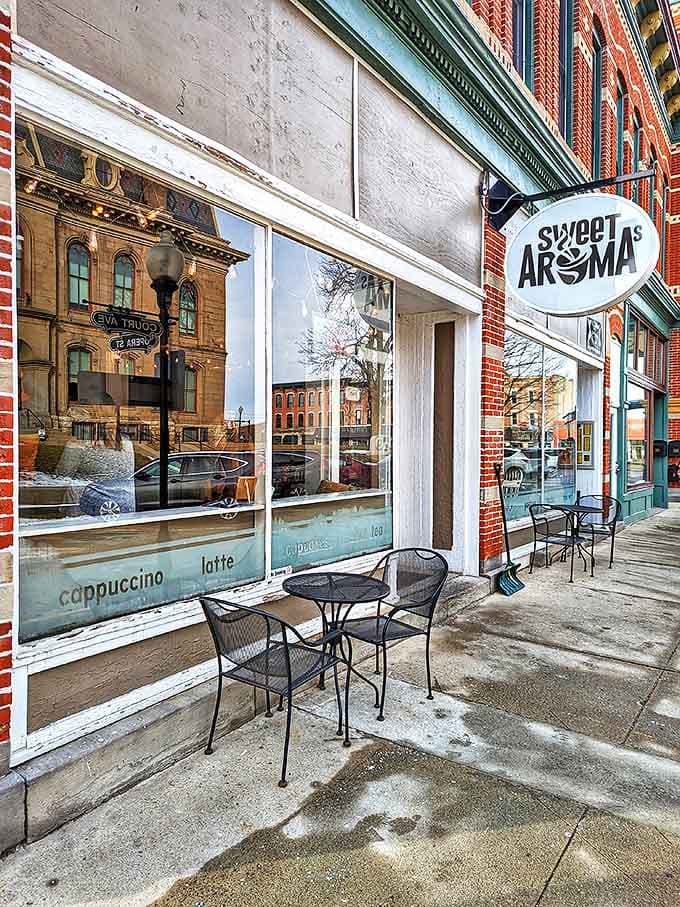 Sweet Aromas' charming storefront beckons from downtown Bellefontaine, where vintage brick and modern comfort create the perfect sidewalk caf&eacute; vibe.