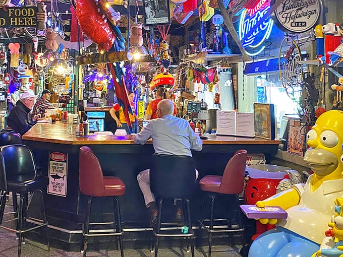 A sensory overload in the best possible way &ndash; where Homer Simpson meets fishing memorabilia in this delightfully chaotic bar area.