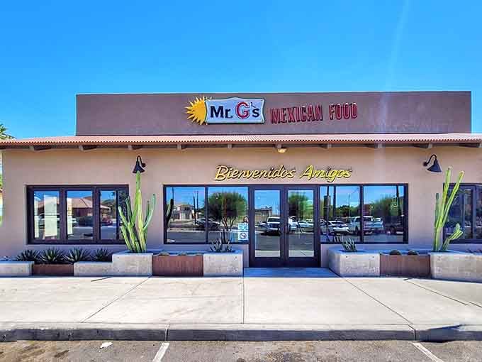 That cheerful sun logo and "Bienvenidos Amigos" greeting promise exactly what's inside: warmth, flavor, and food that feels like a friend.