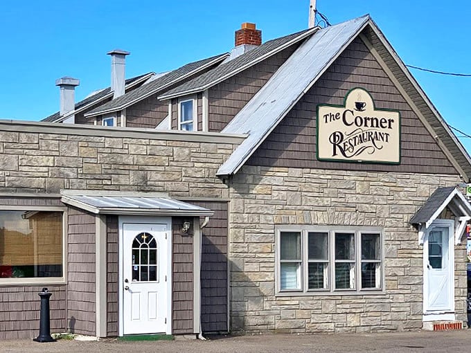 The Corner Restaurant: Stone walls and a simple sign promise authentic Midwestern cooking &ndash; no frills, just delicious honesty waiting behind that door.