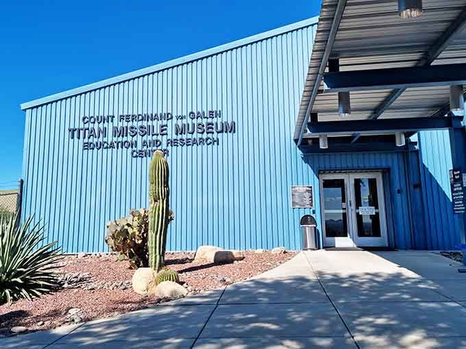 That baby blue exterior might look cheerful, but this building houses one of the most serious pieces of Cold War history you'll ever encounter.
