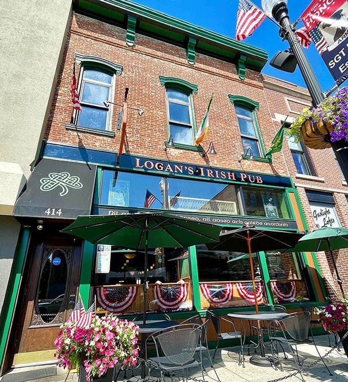 The charming brick exterior welcomes you like an old friend, complete with flags that celebrate both American pride and Irish heritage.
