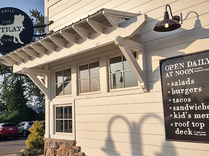 The welcoming facade of The Stray Dog Bar & Grill stands proudly against Michigan's blue skies, promising delicious adventures within its white-washed walls.