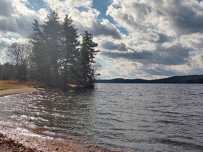 Sunlight dances across Lake St. Catherine's shoreline, where towering pines stand sentinel over crystal-clear waters.