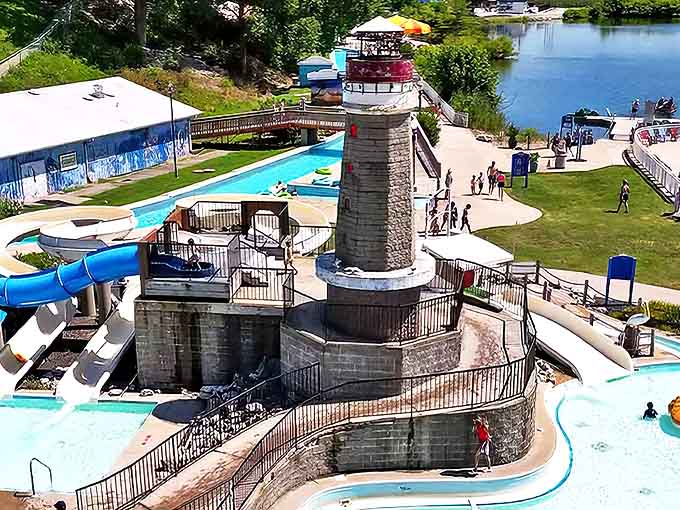 Knight's Action Park's iconic lighthouse water slide stands tall, promising thrills and spills for the brave souls who dare to spiral down its watery depths.