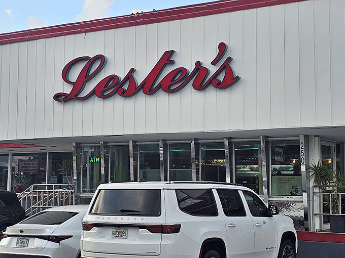 The iconic white and red exterior of Lester's Diner stands as a beacon of comfort food in Fort Lauderdale, promising 24-hour satisfaction for hungry souls.
