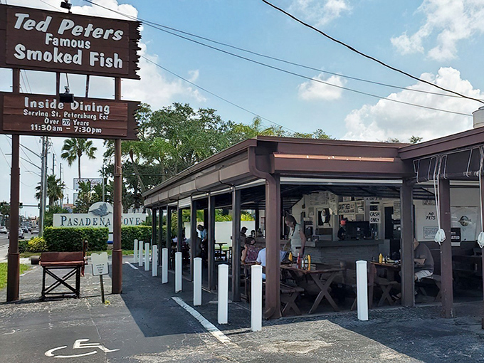 The unassuming exterior of Ted Peters hides a smoky paradise within &ndash; proof that culinary treasures often lurk in plain sight.