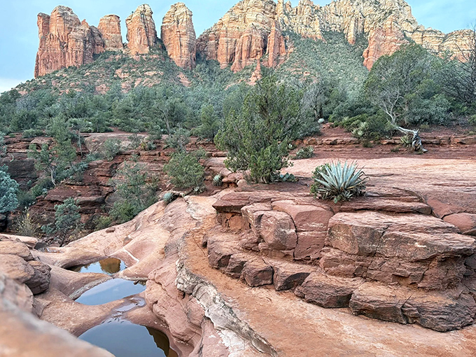 The Seven Sacred Pools stand like nature's perfect staircase, catching Sedona's sunlight in their red rock bowls. Mother Nature's infinity pools!